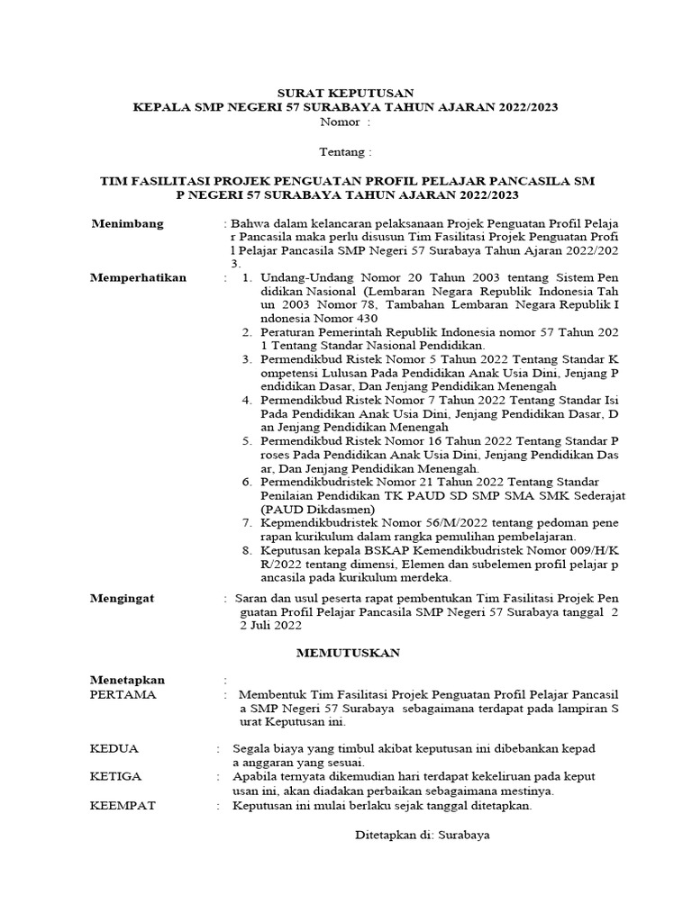 SK TIM FASILITASI PROJEK PROFIL PELAJAR PANCASILA (P5) Sudah Ada Nama | PDF
