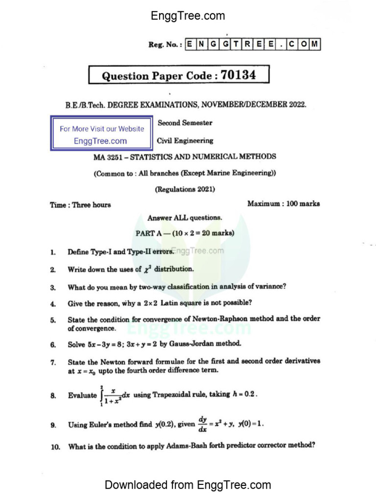 MA3251 Statistics and Numerical Methods Nov Dec 2022 Question Paper ...
