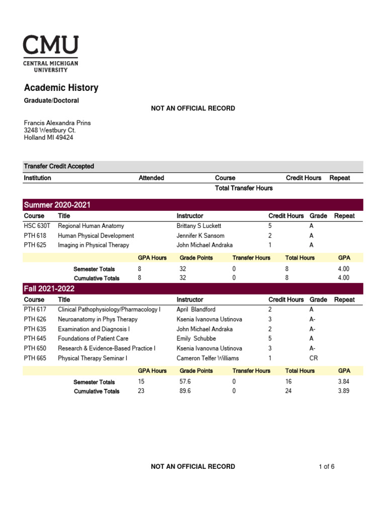 Academic Transcript | PDF | Course Credit | Physical Therapy
