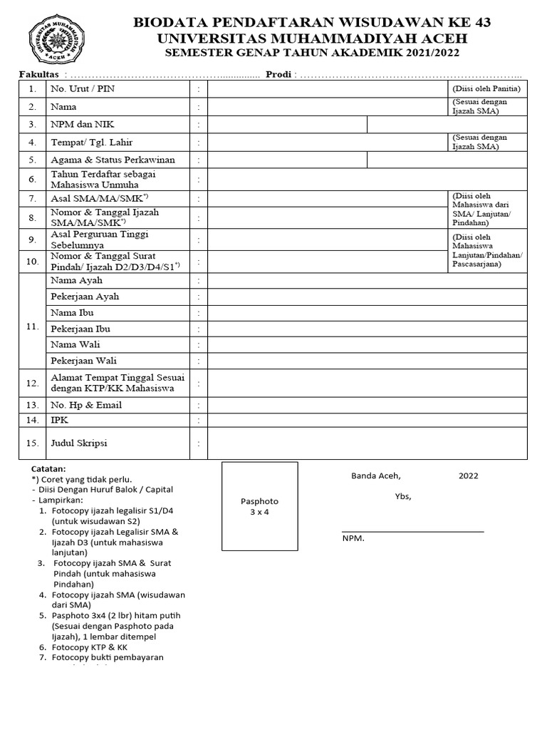 Biodata Pendaftaran Wisudawan Unmuha | PDF