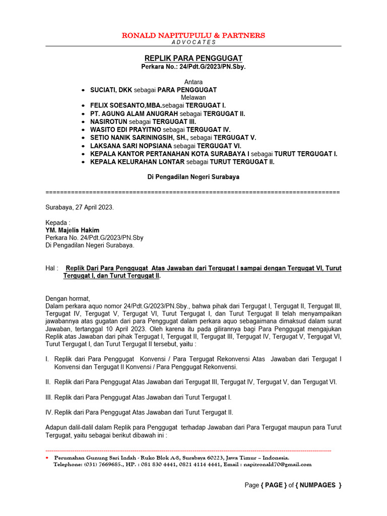 Replik Penggugat Perkara Cerai Talak | PDF