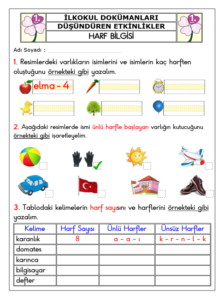 1.sinif Turkce Harf Bilgisi Etkinlik Sayfasi | PDF