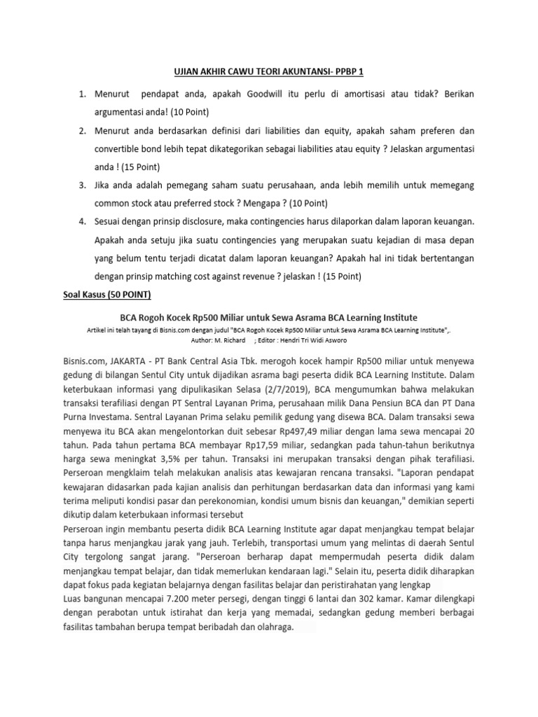 Ujian Akhir Cawu Teori Akuntansi | PDF