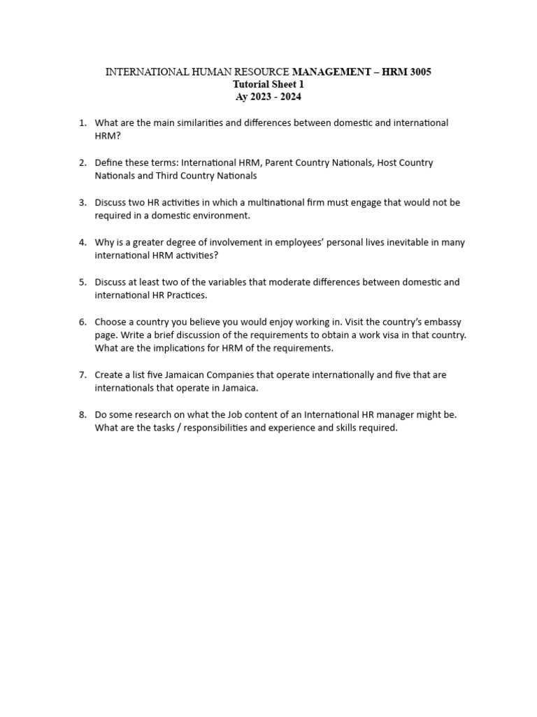 HRM 3005 - Tutorial Sheet 1 | PDF