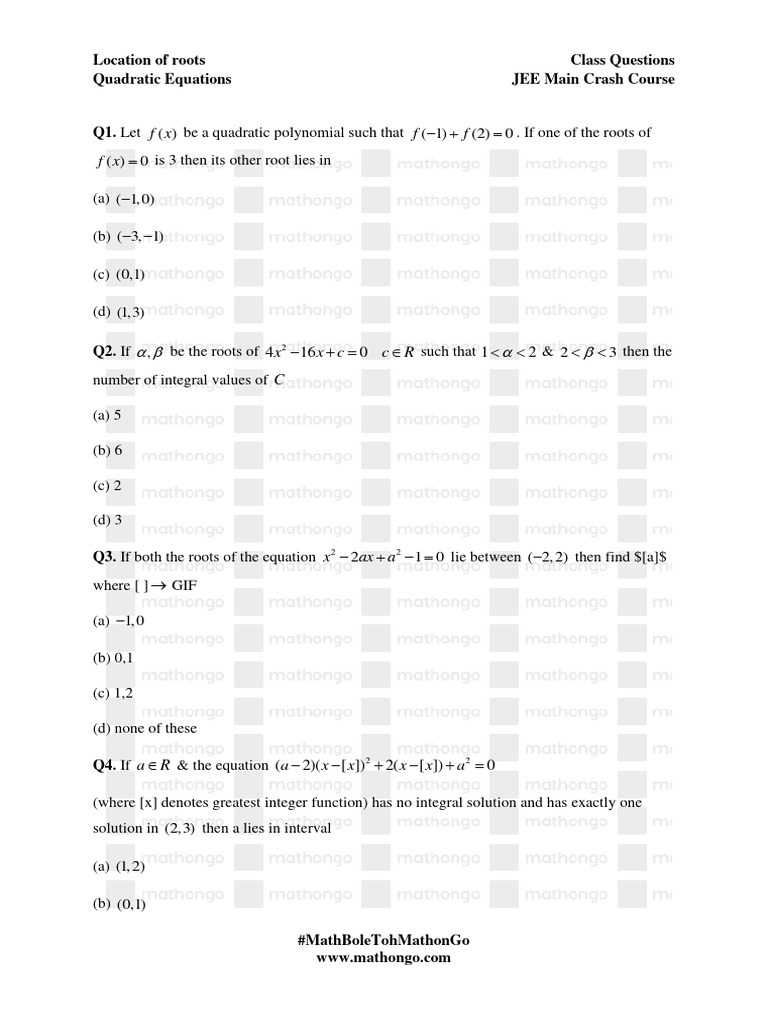 Location of Roots Quadratic Equations Class Question JEE Main Crash | PDF