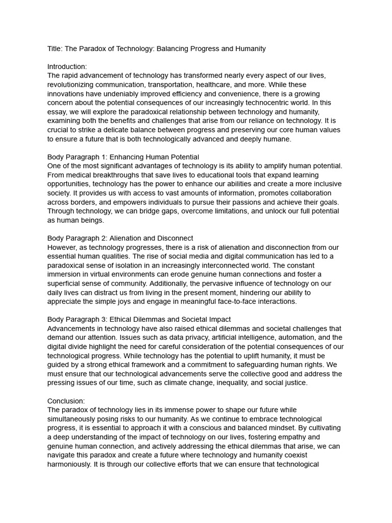 The Paradox of Technology - Balancing Progress and Humanity | PDF