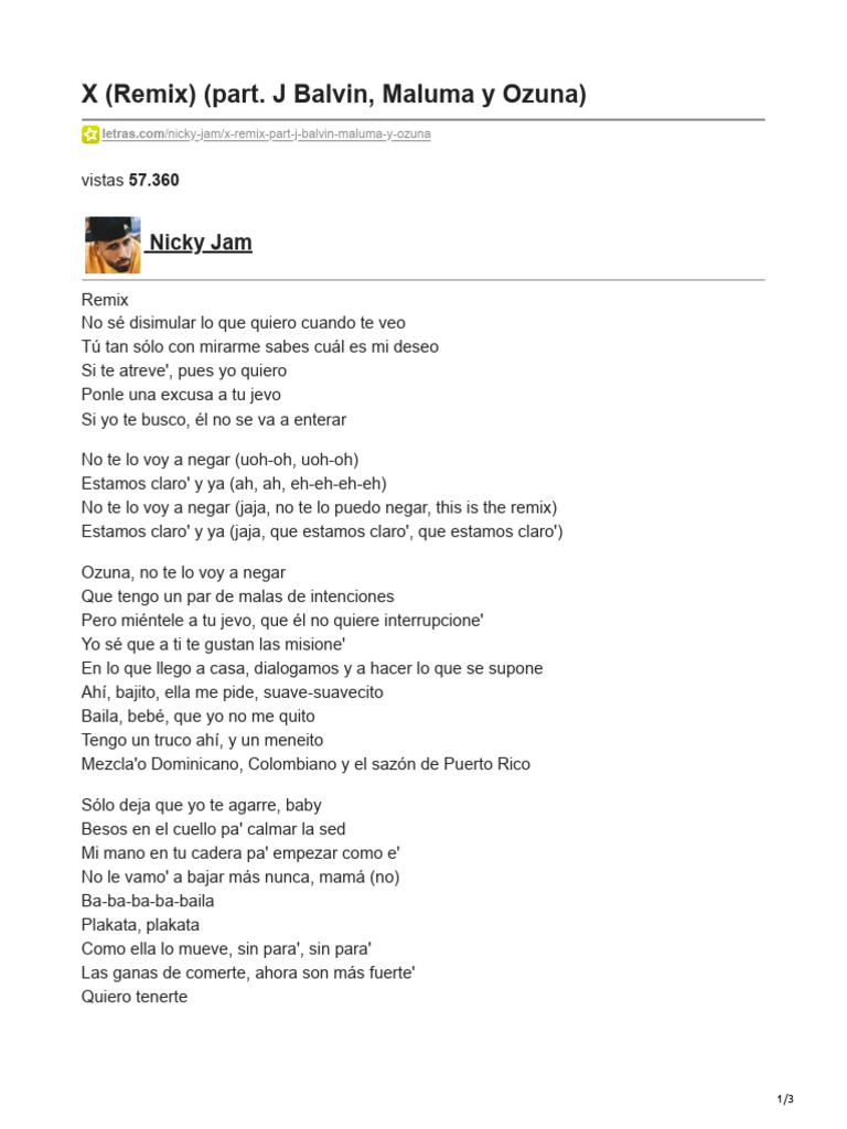 X Remix Part J Balvin Maluma y Ozuna | PDF