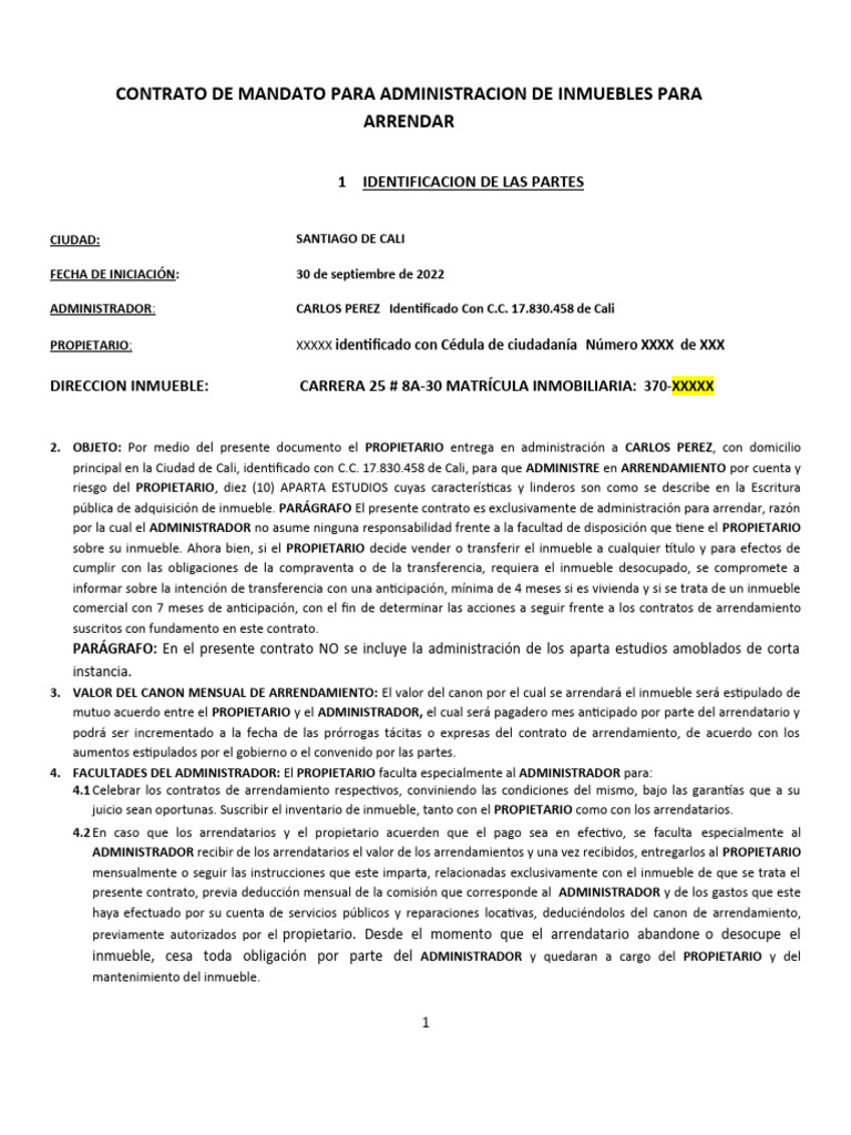 Plantilla Contrato de Mandato Arriendo Inmueble | PDF | Propiedad ...