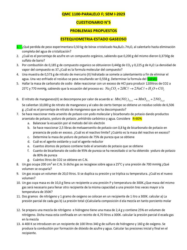Cuestionario 5 Problemas Propuestos Estequio y Gases | PDF | Ácido clorhídrico | Agua