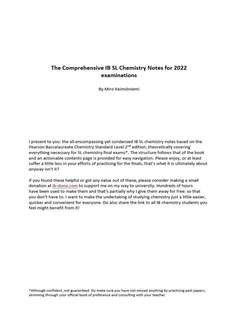 The Comprehensive Ib SL Chemistry Notes For 2022 Examinations | PDF ...