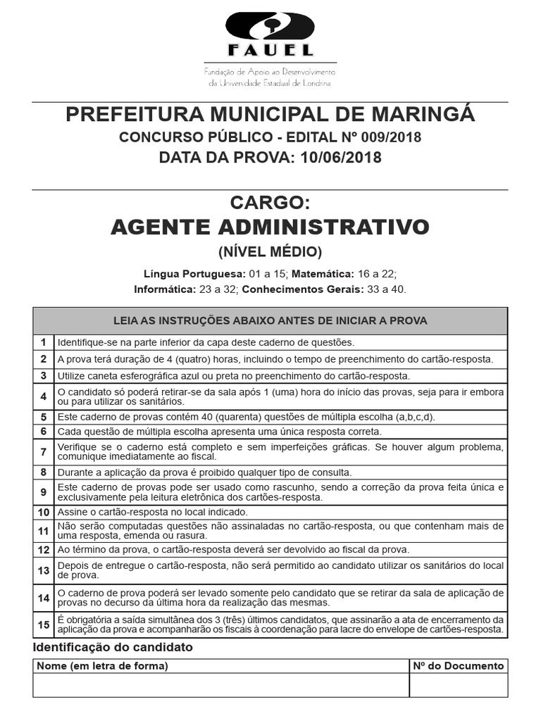 Fauel 2018 Prefeitura de Maringa PR Agente Administrativo Prova | PDF ...