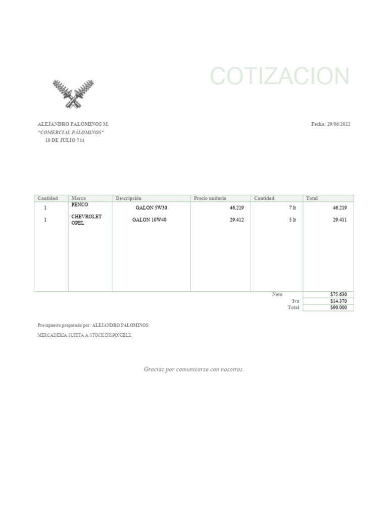 Cotizacion Aceite | PDF
