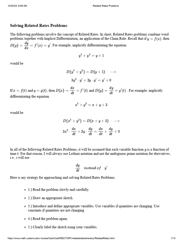 Related Rates Problems Time Rates | PDF | Area | Derivative