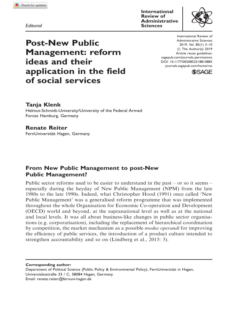Post-New Public Management - Reform Ideas and Their Application The ...