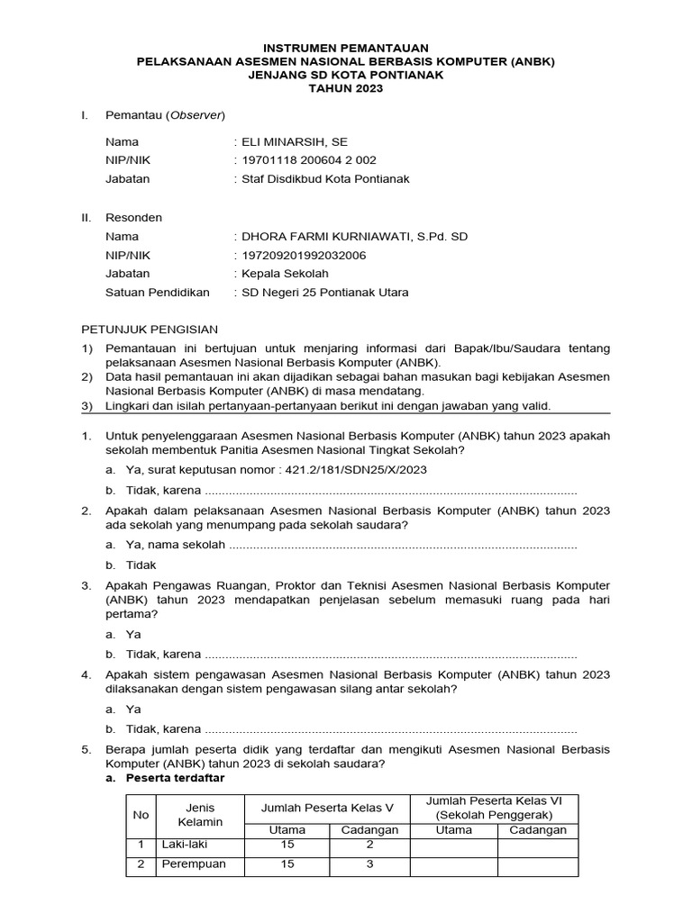 Instrumen Pemantauan Anbk SD 2023 | PDF