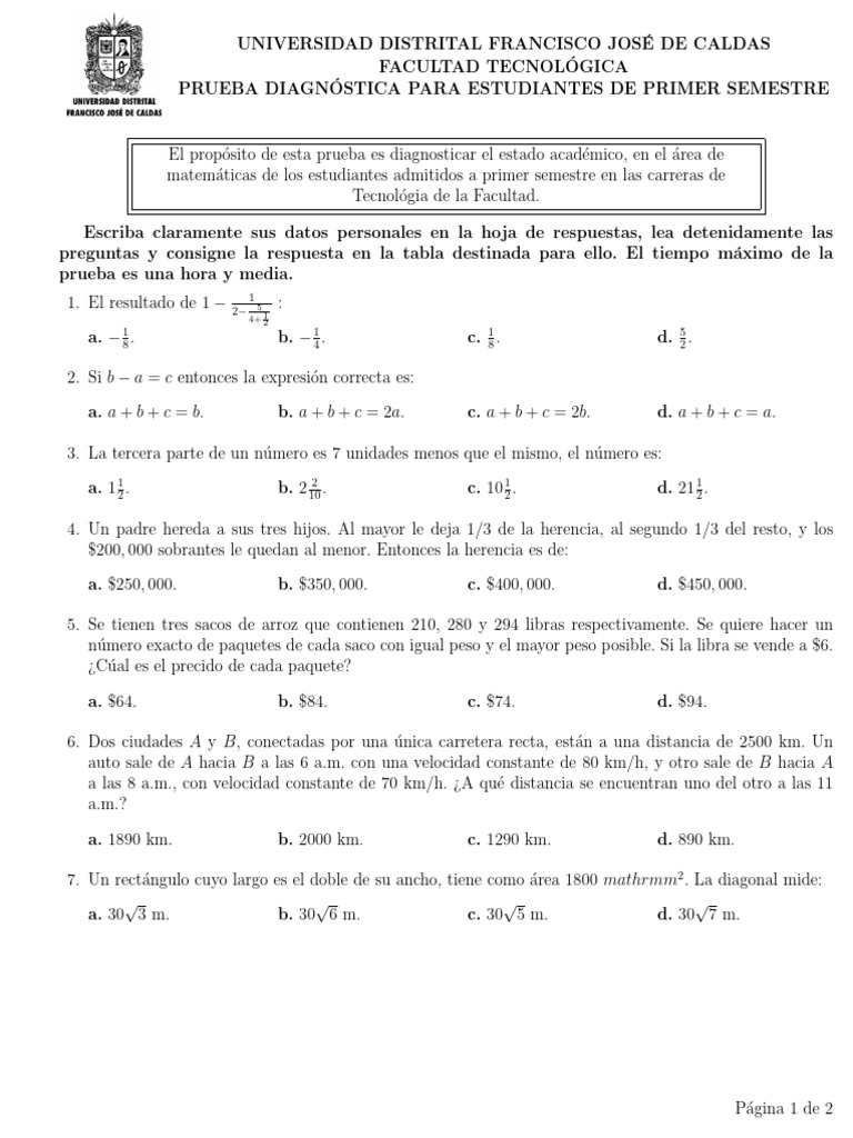 Prueba Diagn Stica Fundamentos de Matem Ticas | PDF