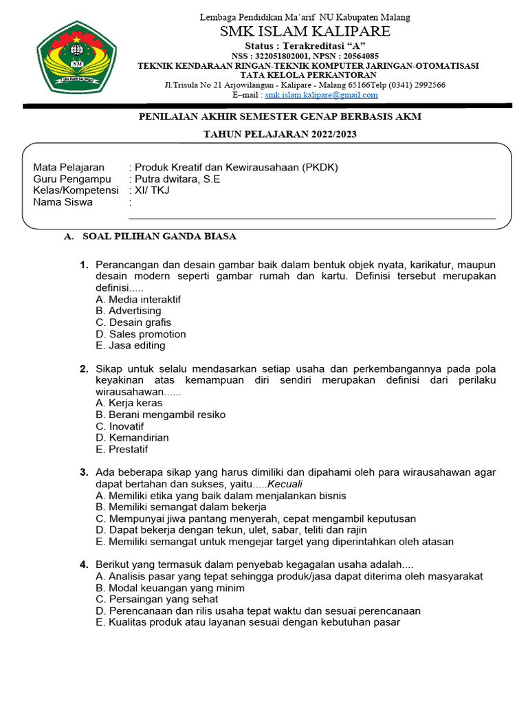 Soal Pas Genap Berbasis Akm Kelas Xi TKJ 2023 | PDF
