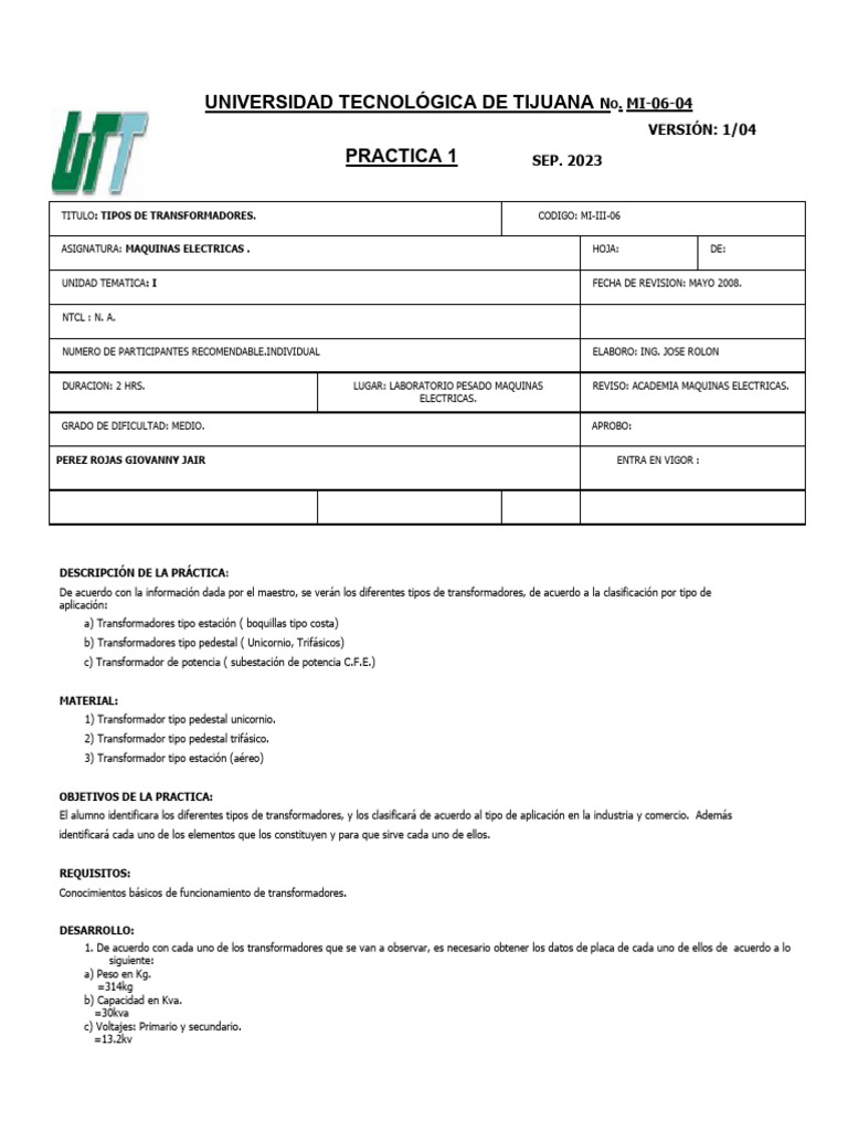 PRACT 1 Tipos de Transformadores. | PDF | Transformador | Ingeniería