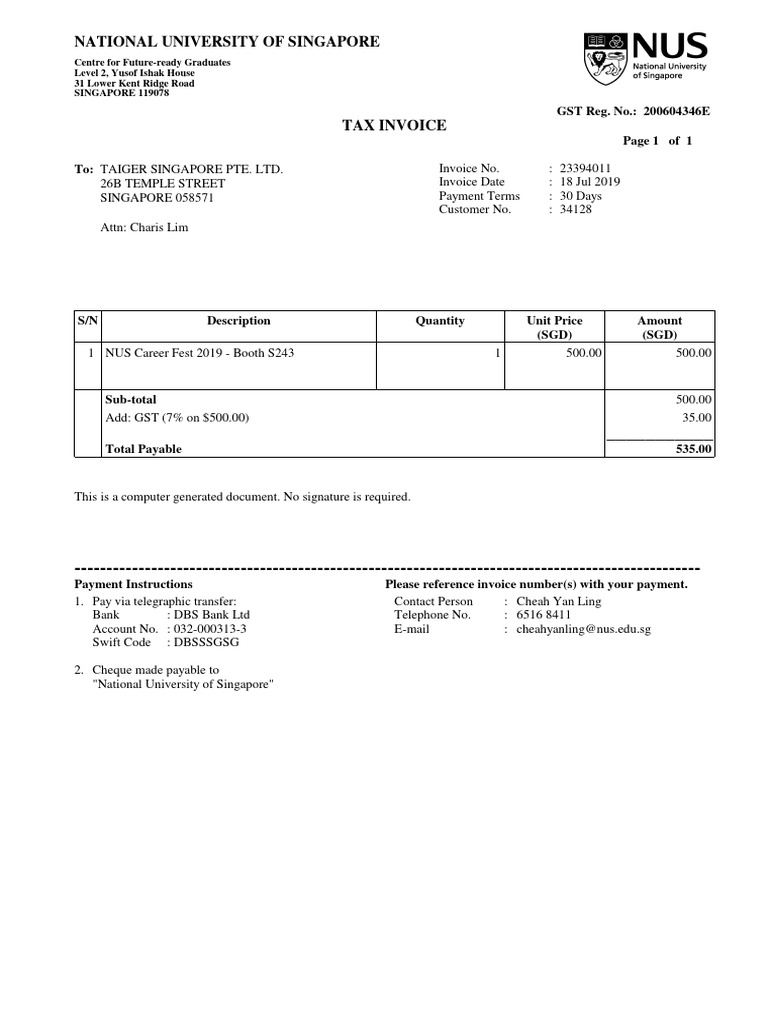 NUS Invoice for Career Fest 2019 | PDF