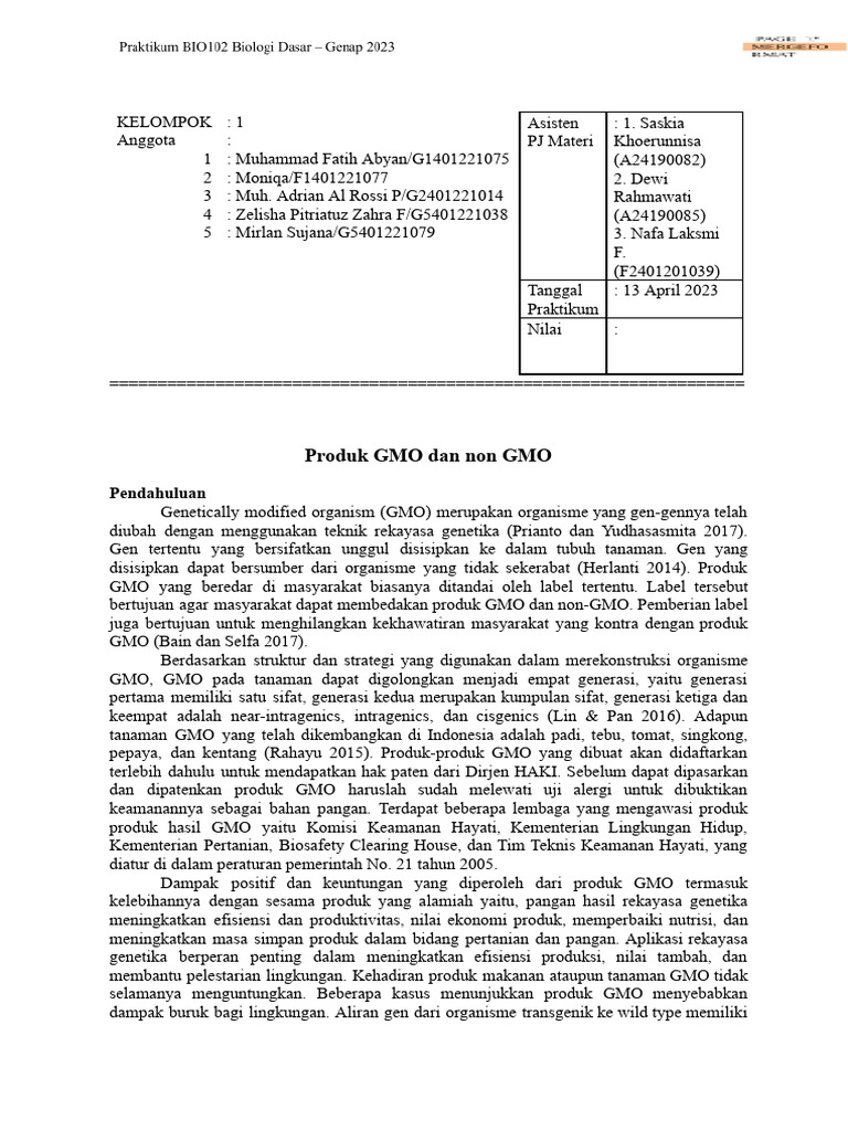 Produk GMO Dan Non GMO: Laporan Praktikum | PDF