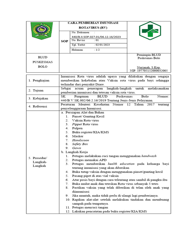 Sop Cara Pemberian Imunisasi Rota Virus | PDF