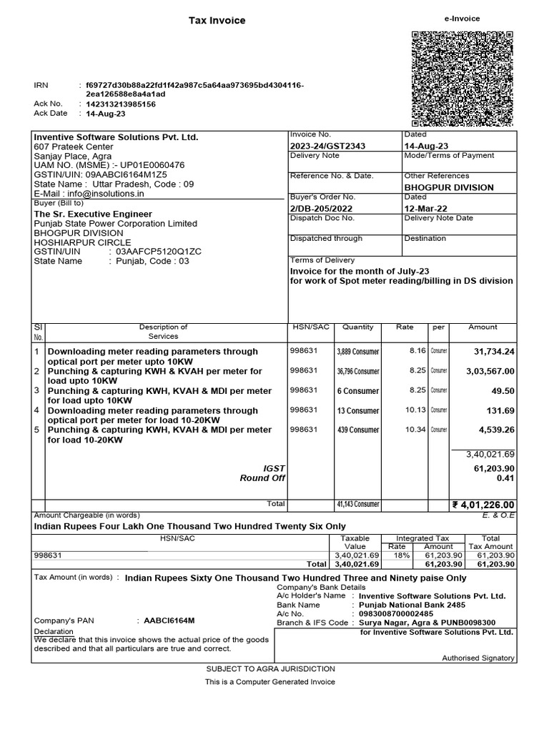 E-Invoice of PSPCL of Jul-2023 | PDF | Invoice | Taxes