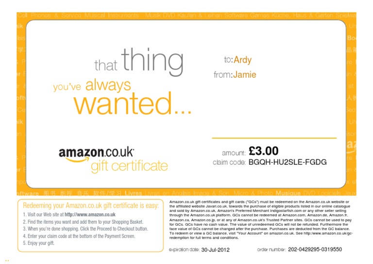 Amazon Gift Card | PDF | Gift Card | Services (Economics)