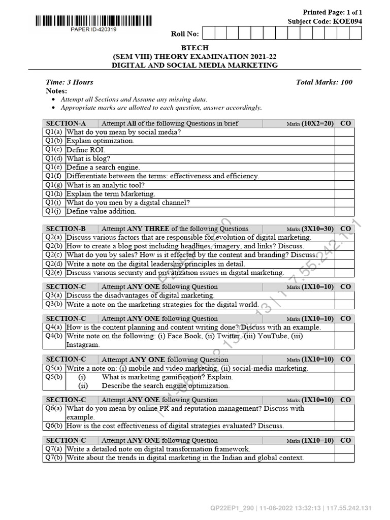 Digital Marketing Exam Paper KOE094 | PDF | Digital Marketing | Social ...
