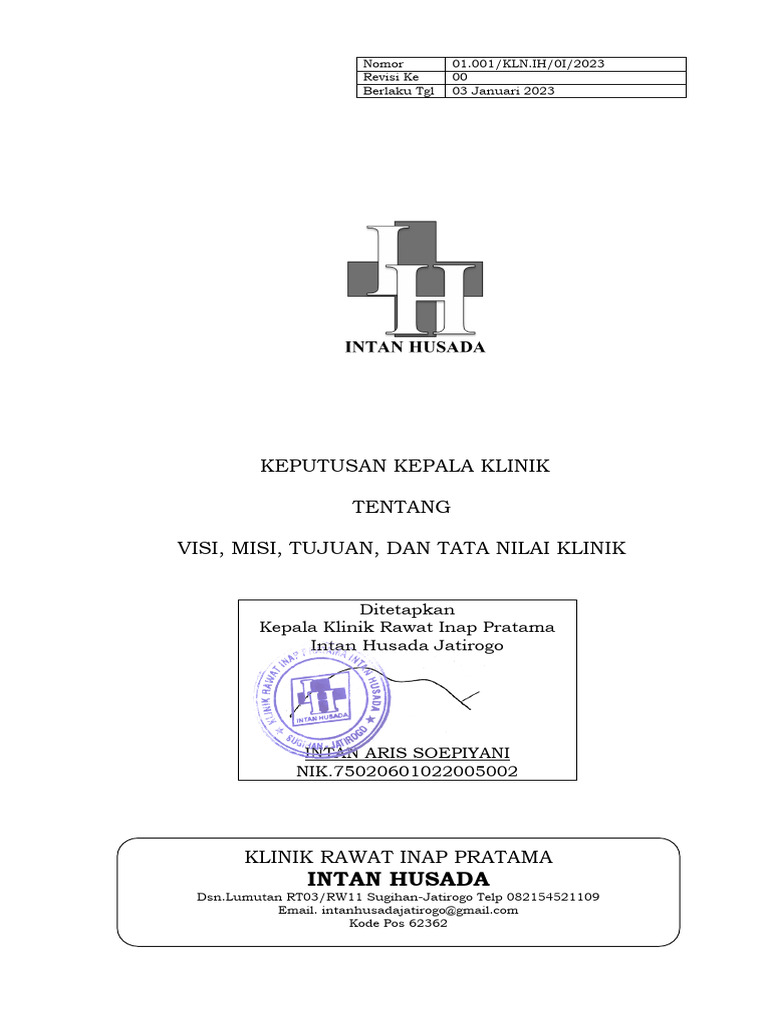 001 SK Tentang Visi, Misi, Tujuan Dan Tata Nilai Klinik | PDF | Kesehatan Holistik