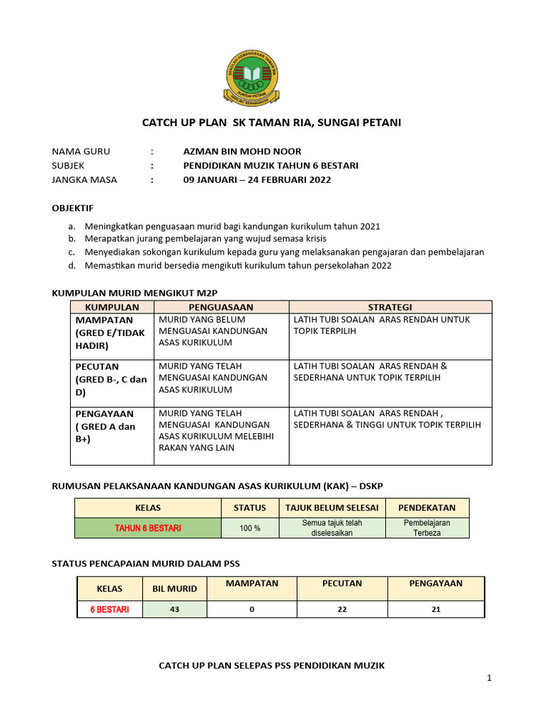 Catch Up Plan Pendidikan Muzik Tahun 6 - Azman | PDF