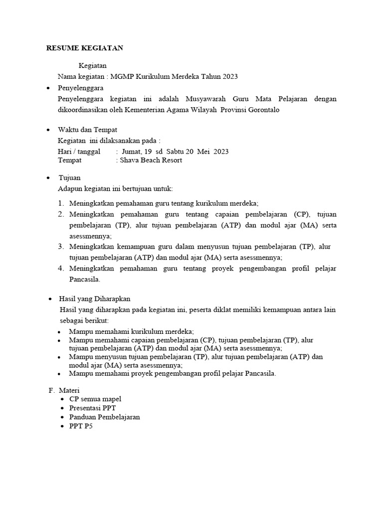 Resume Kegiatan MGMP 2023 | PDF | Karier & Perkembangan | Bisnis