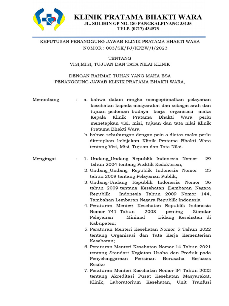 SK Visi, Misi, Tujuan Dan Tata Nilai Klinik-Fix | PDF