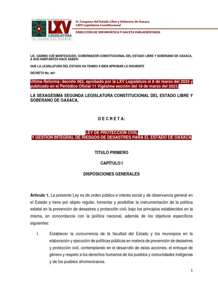 Ley de Proteccion Civil y Gestion Integral de Riesgos de Desastres para El Estado de Oaxaca 18 ...