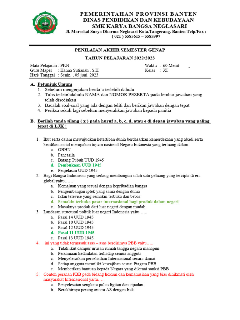 Soal Dan Jawaban Pas Genap PKN Klas Xi | PDF