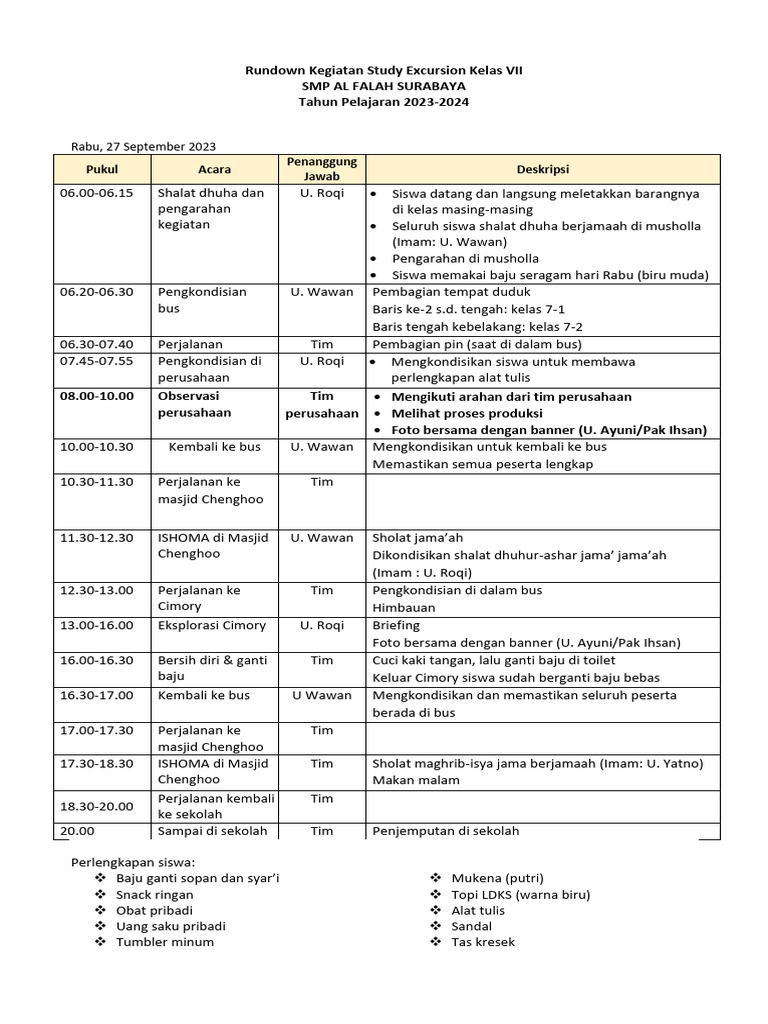 Rundown Study Tour Kelas VII SMP Al Falah | PDF