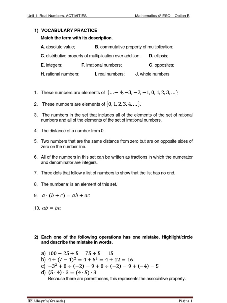 Unit 1 Real Numbers - Activities 1 (4º ESO) | Download grátis PDF ...