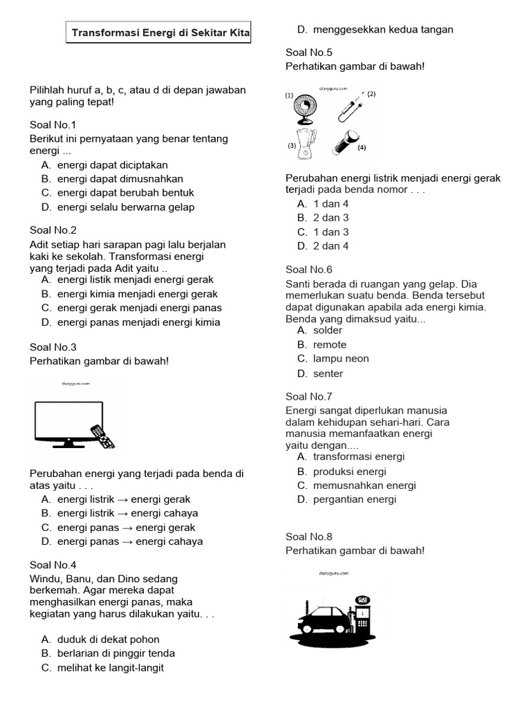 Soal Transformasi Energi Di Sekitar Kita | PDF