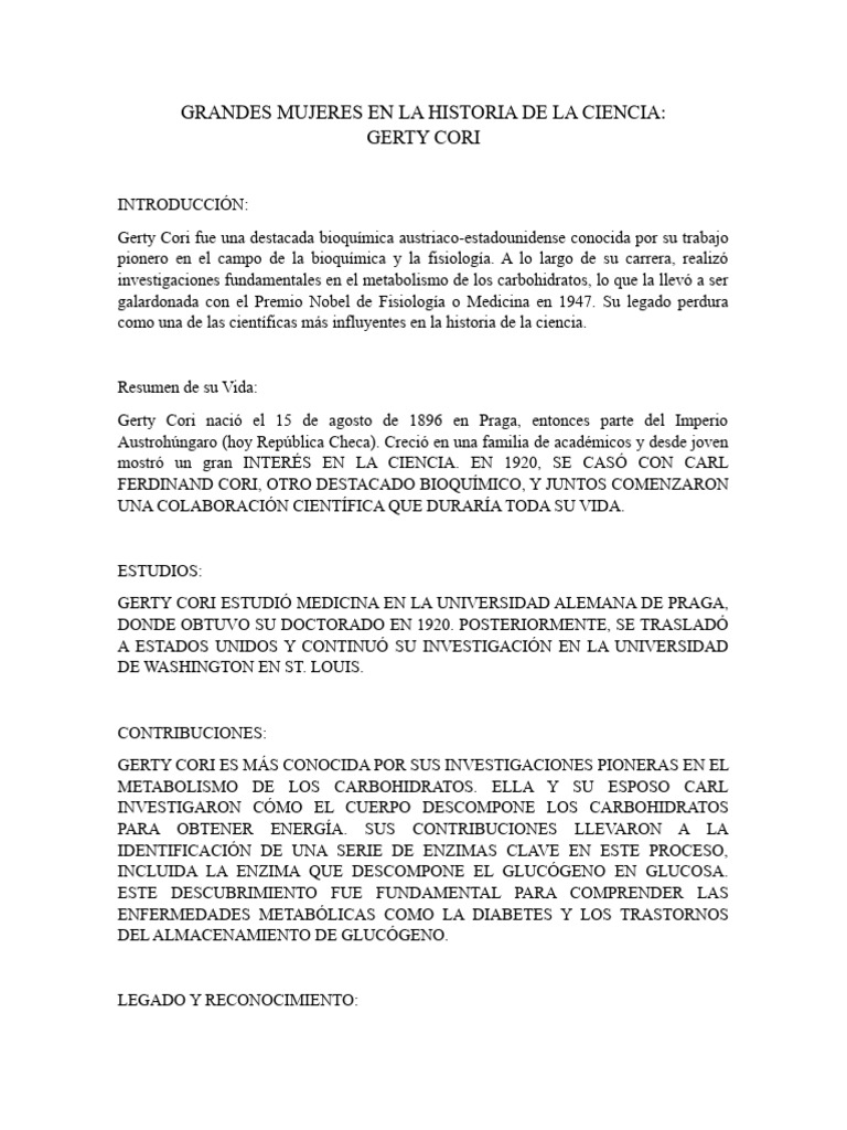 Gerty Cori: Pionera en Bioquímica | PDF | Bioquímica | Química
