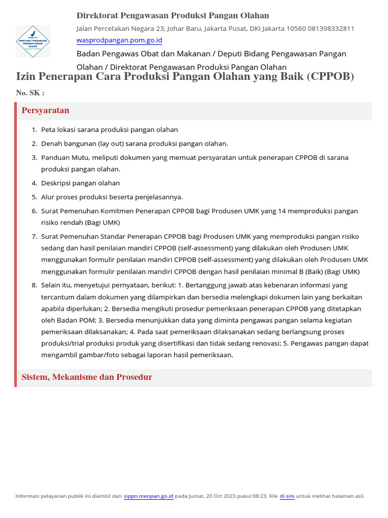 Unduh Standar Pelayanan - Izin Penerapan Cara Produksi Pangan Olahan Yang Baik (CPPOB) | PDF