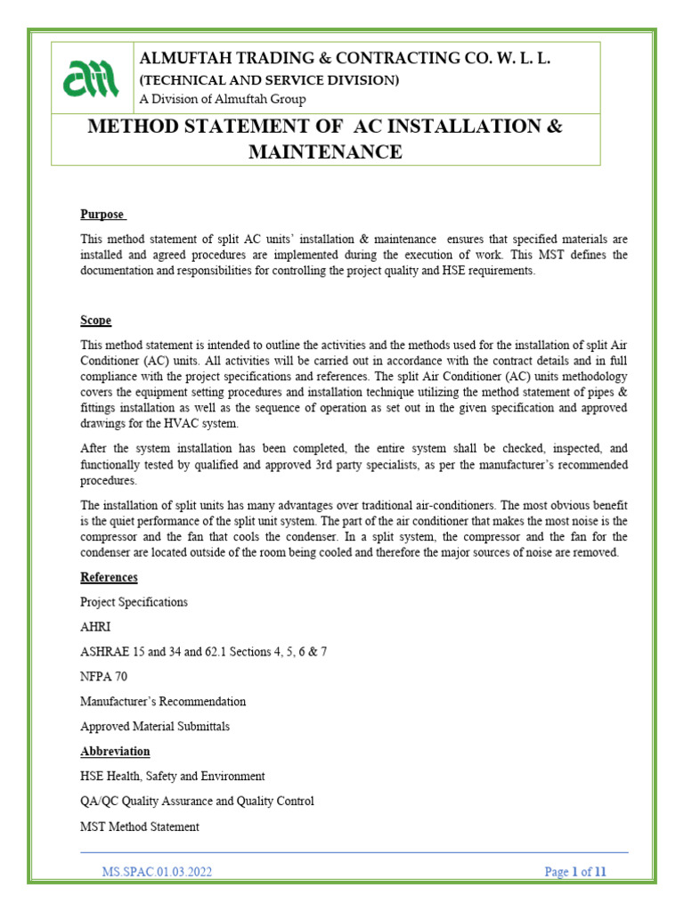 AC Installation & Maintenance Method Statement | PDF | Technology ...