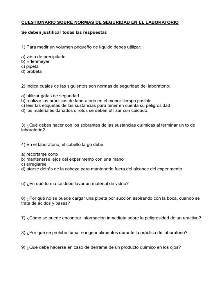 Cuestionario Seguridad Laboratorio | PDF