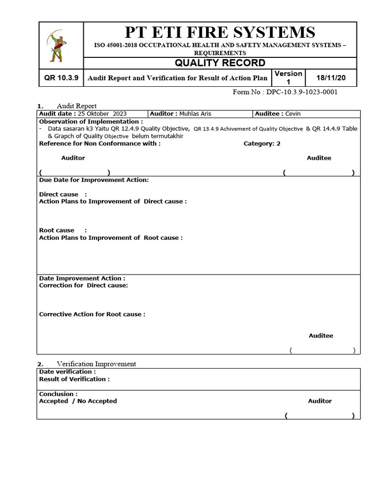 Quality Record ETI 1 - QR 10.3.9 Audit Report and Verification For ...
