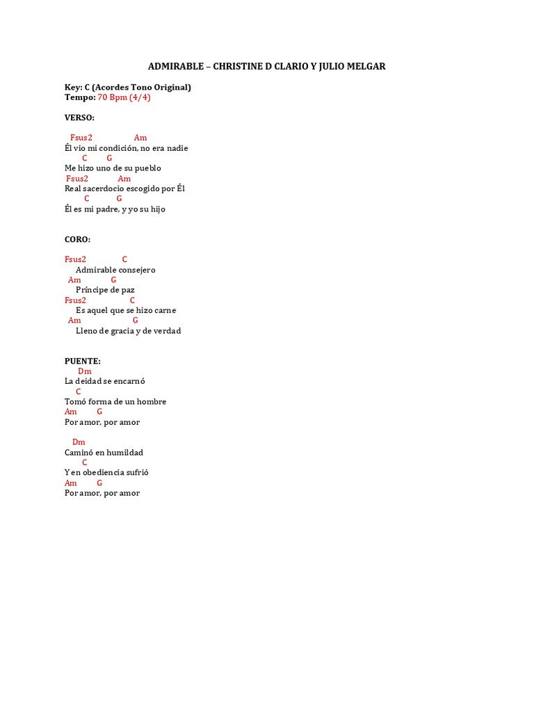 Admirable: Letra y Acordes de Christine D'Clario y Julio Melgar | PDF