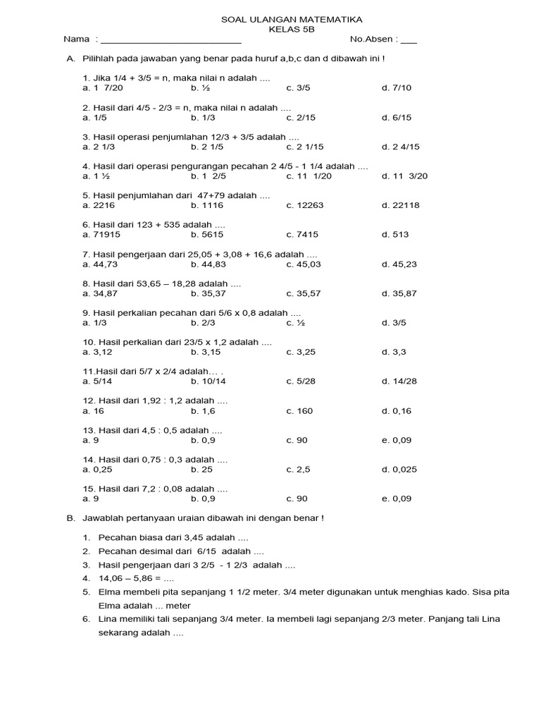SOAL Ulangan MTK | PDF