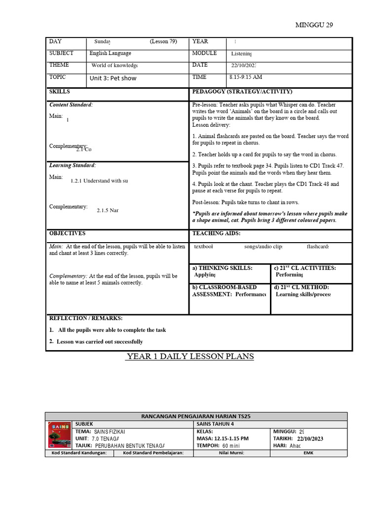 RPH Minggu 29 | PDF | Teachers | Lesson Plan