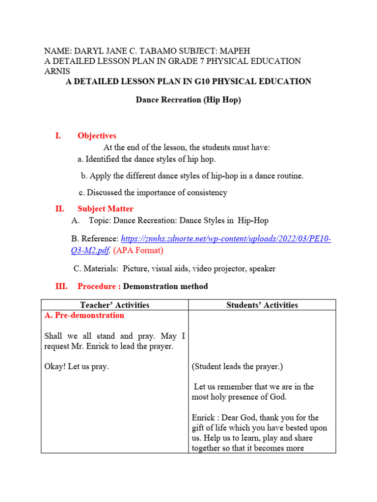 Grade 7 Hip Hop Dance Lesson Plan | PDF | Urban Street Dance And Music ...