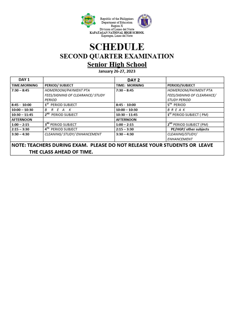 2ND Exam Sked. SHS | PDF