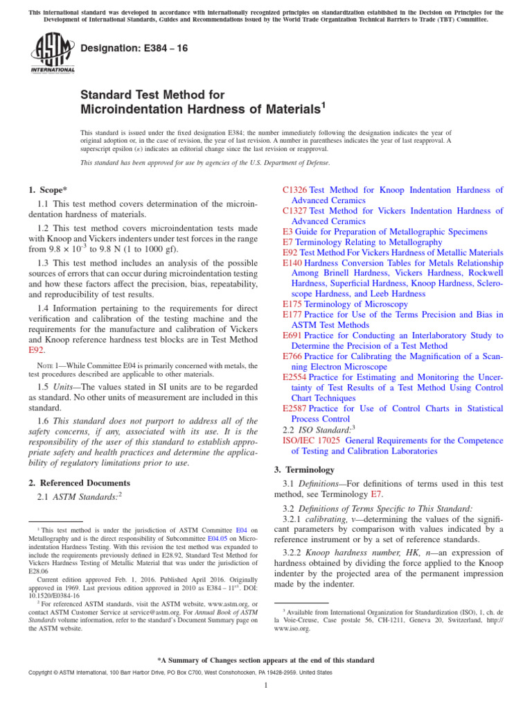 Micro - ASTM E384-16 Standard Test Method For Microindentation Hardness ...