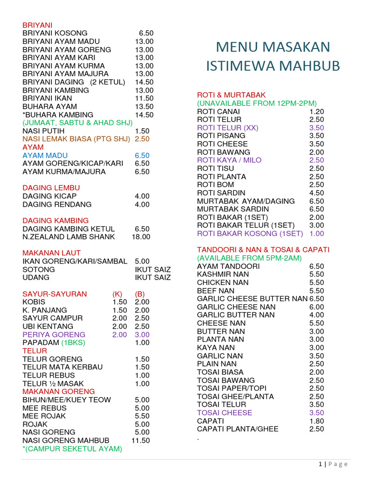 Restoran Mahbub Food Menu | PDF | Foods | Cuisine