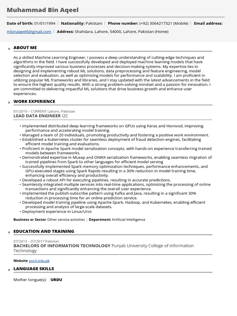 CV - Muhammad Bin Aqeel Data Eng | PDF | Apache Spark | Machine Learning